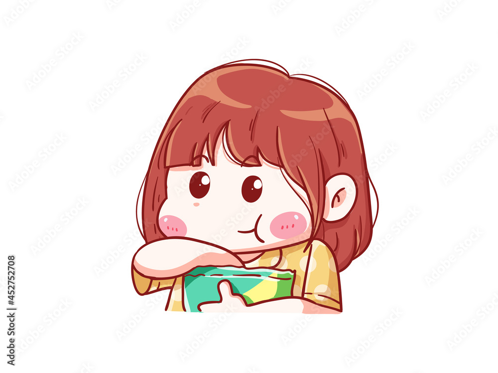 Cute and kawaii Girl Eat Snack Chibi Illustration Stock Vektorgrafik Adobe Stock