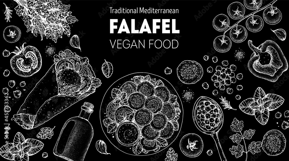 Falafel cooking and ingredients for falafel, sketch illustration ...