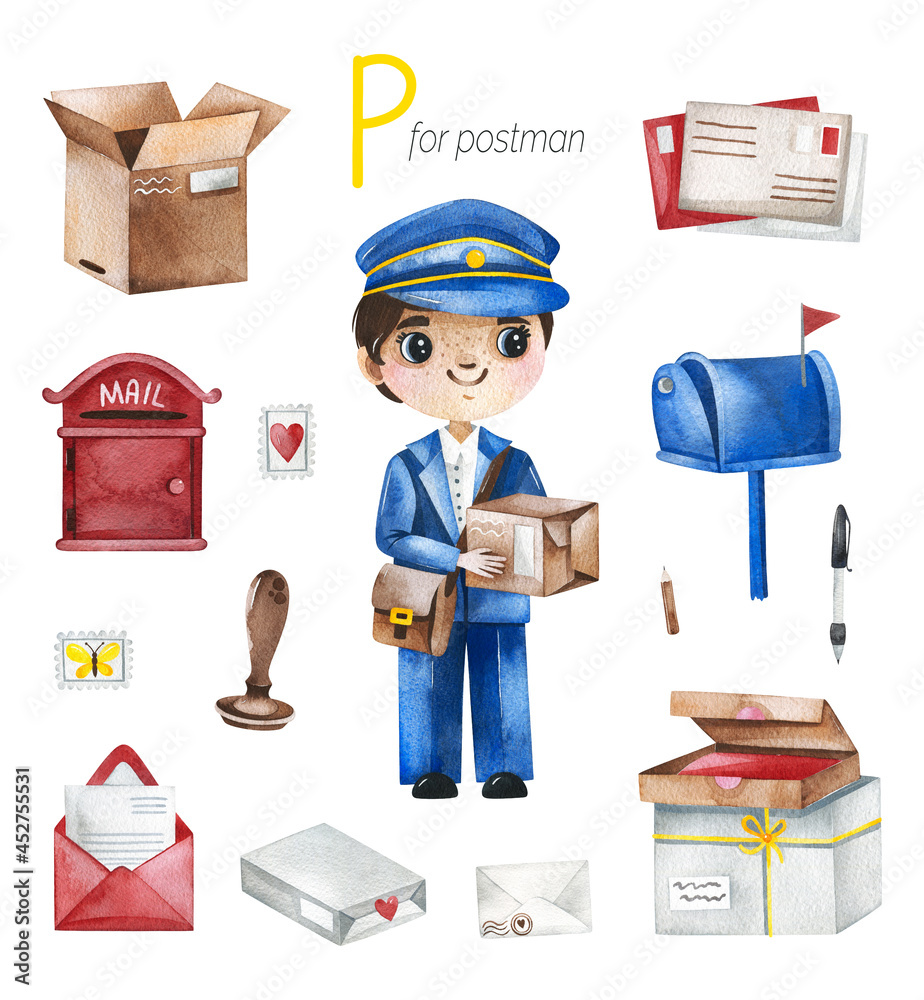 Watercolor Alphabet Profession set.Learn letters with funny professions ...