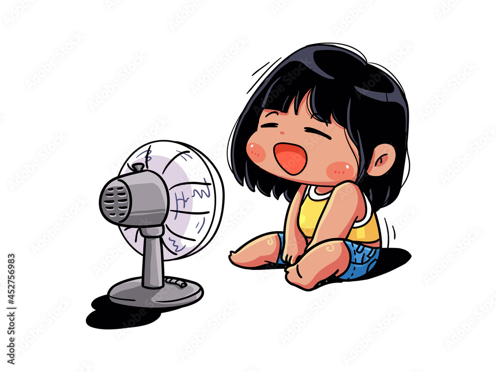 Cute and kawaii Girl is cooling her self with fan on hot summer, Chibi ...
