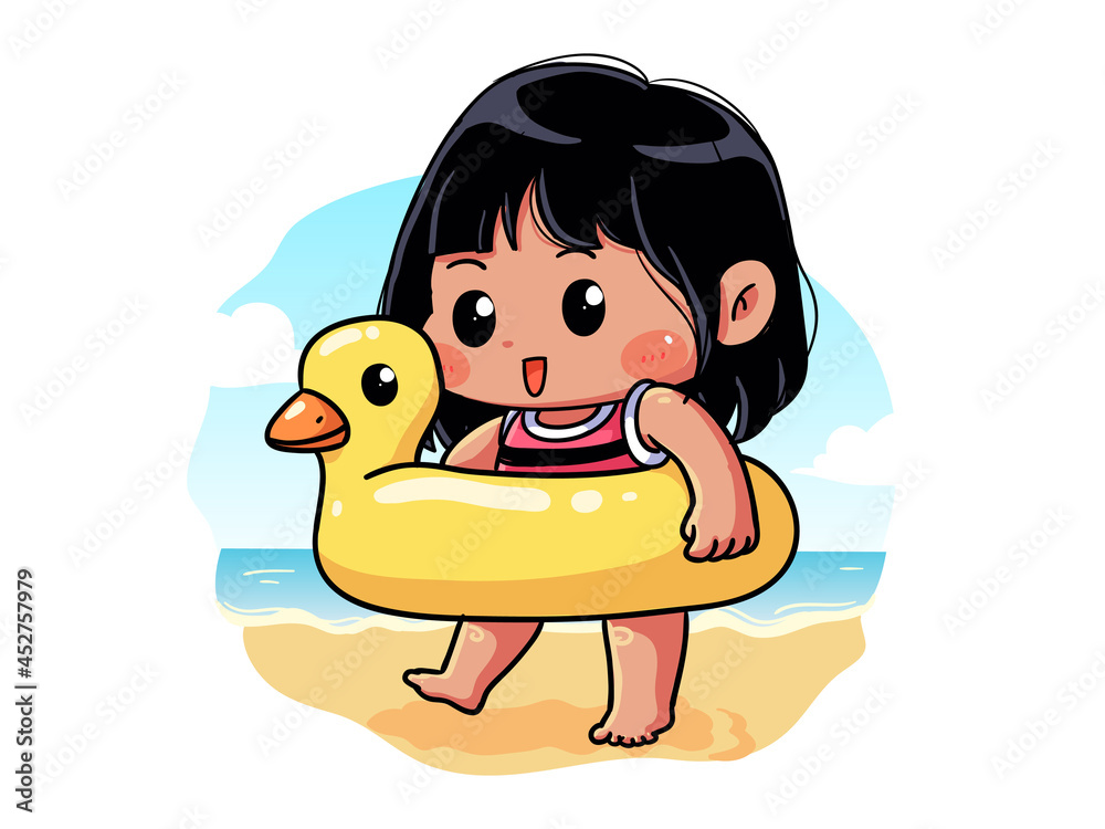 Cute and kawaii Summer Girl is happy and walk with her duck buoy, Chibi ...