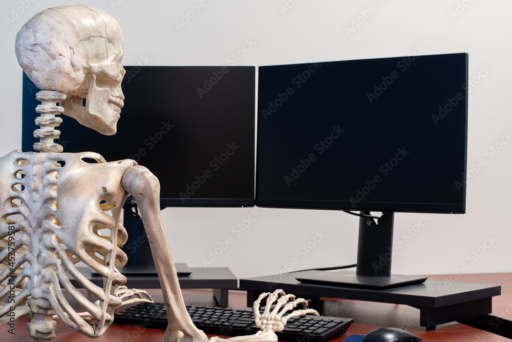 Skeleton working on office computer with blank black screen monitor - Halloween with copy space ...