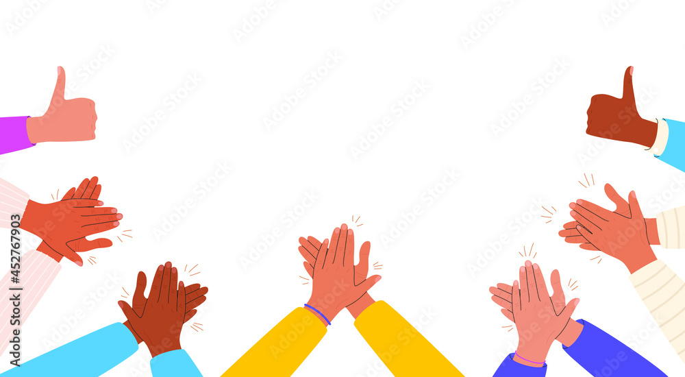 Flat vector cartoon illustration of hands clapping, thumbs raised up ...