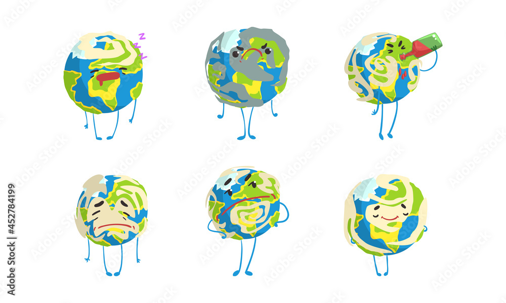 Funny Earth Planet in Various Actions Set, Globe Character Showing ...