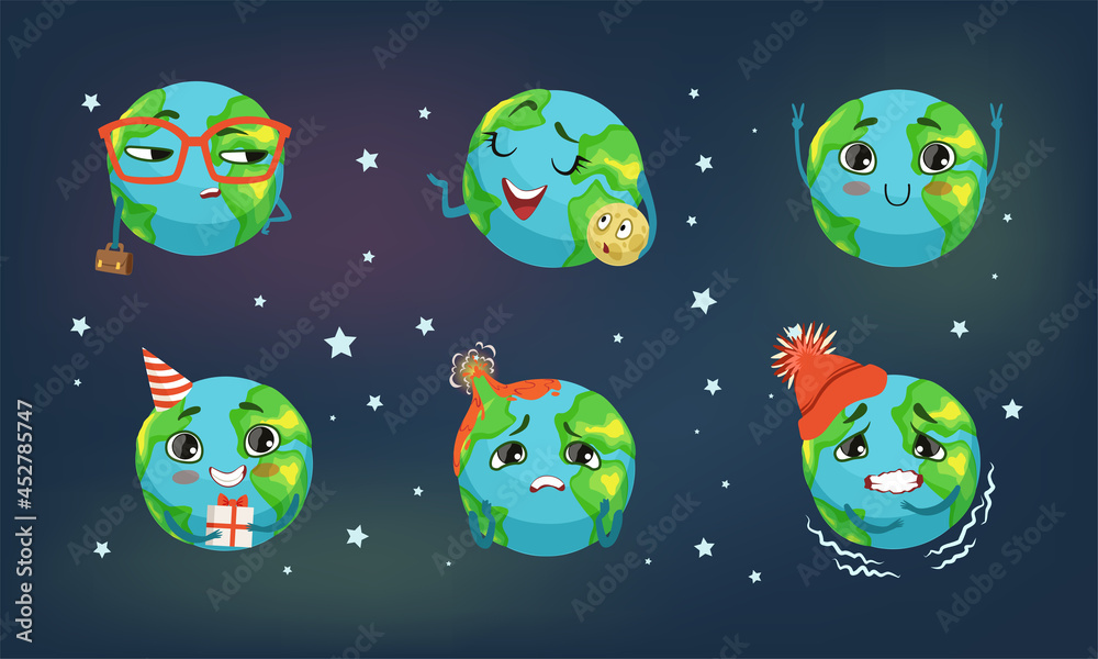 Earth Planet Characters Set, Earth Globe with Funny Faces and Different ...