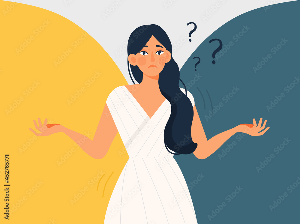 Young confused female character is standing and choosing between two ...