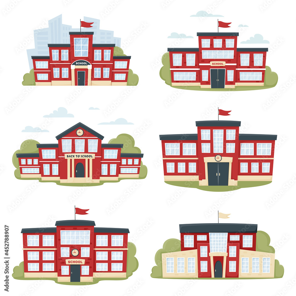 Set of modern school buildings in red color with trees and city ...