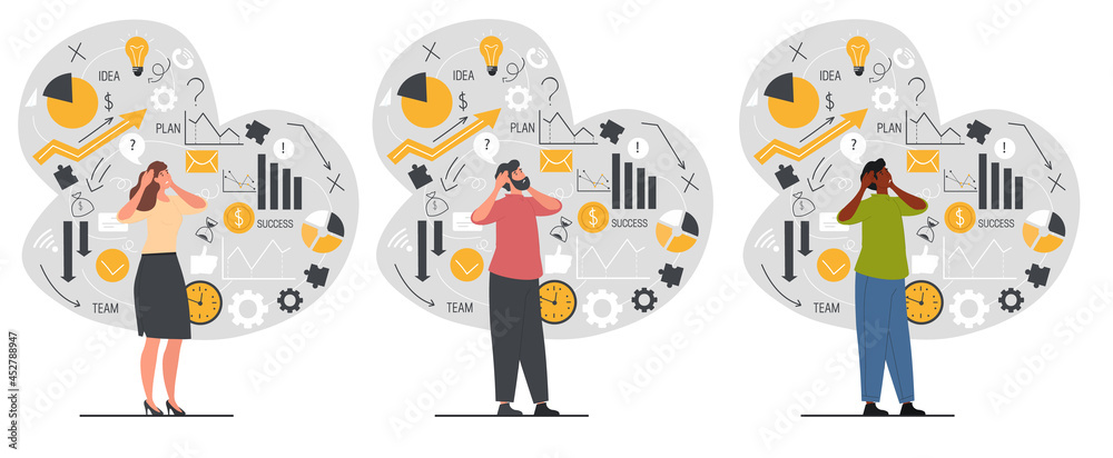 Set of male and female confused characters in business mess and ...
