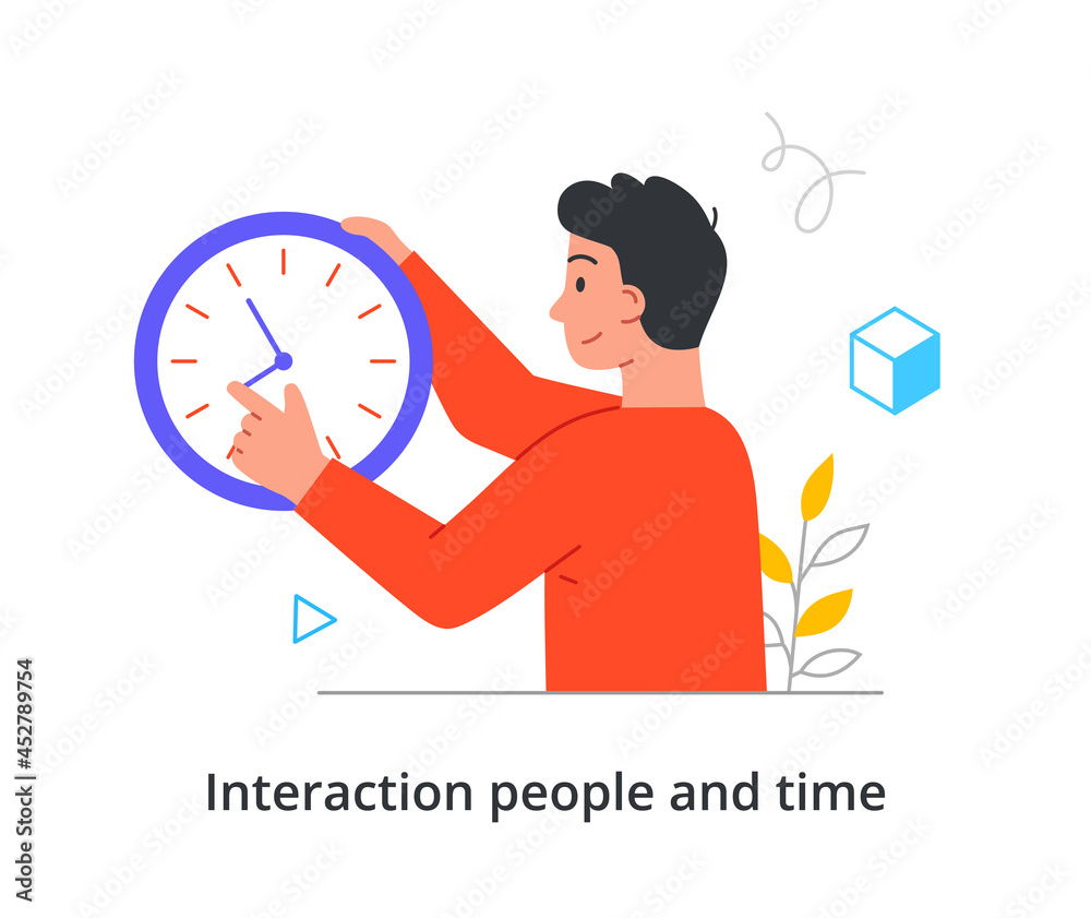 Vecteur Stock Young cheerful male character is trying change time on ...