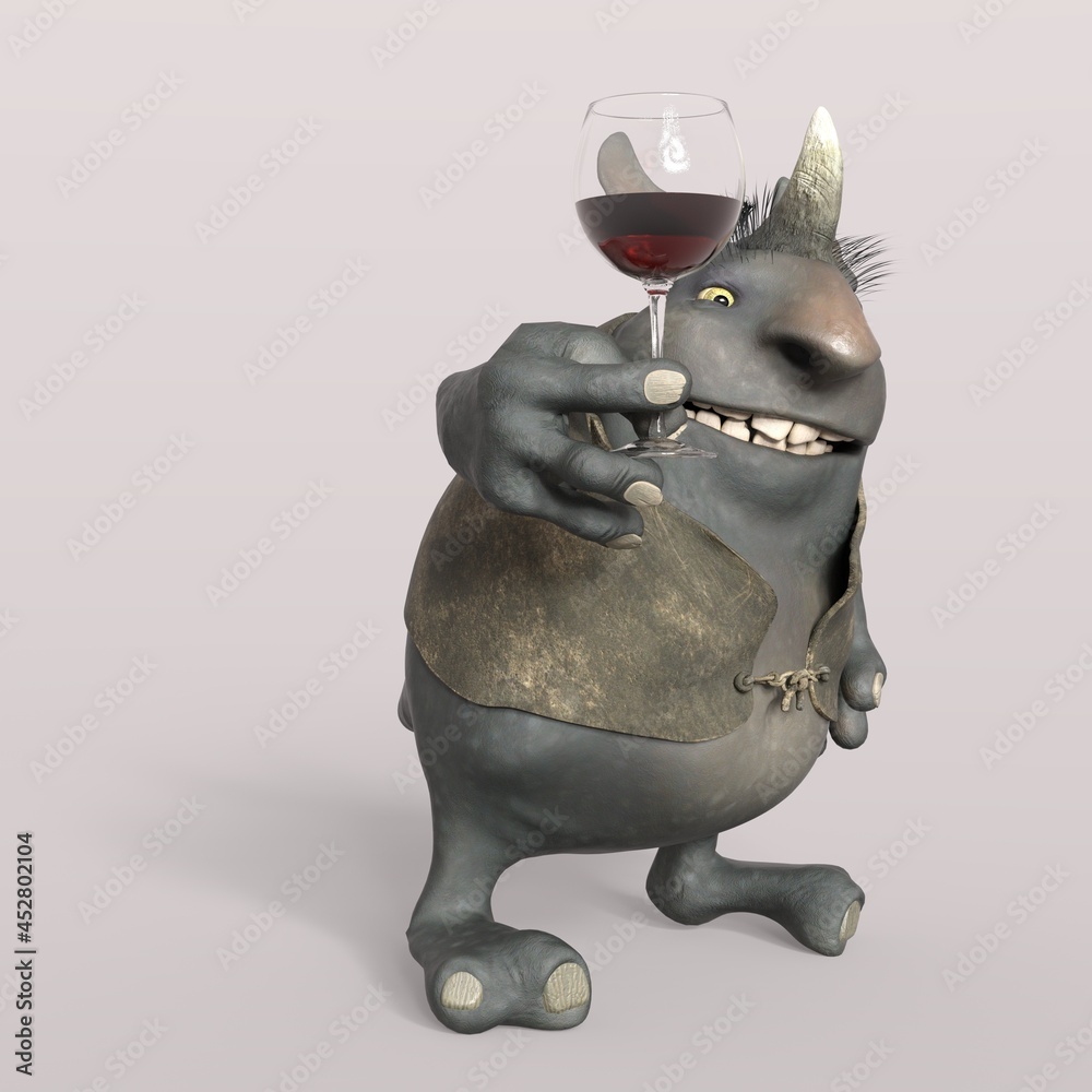 3D-illustration of a cute and funny cartoon kobold, invitation to a ...