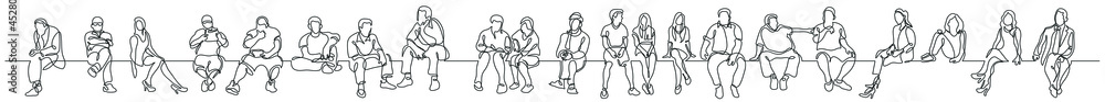 continuous line drawing of group of various diverse people sitting ...