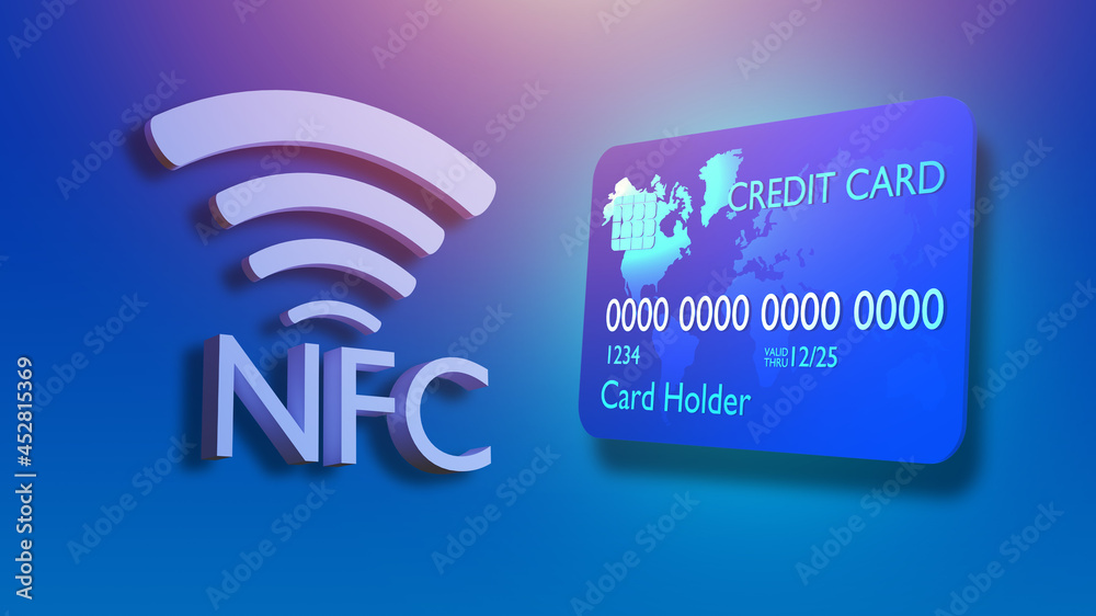 Credit card with NFC logo. Bank card on blue background. Credit card ...