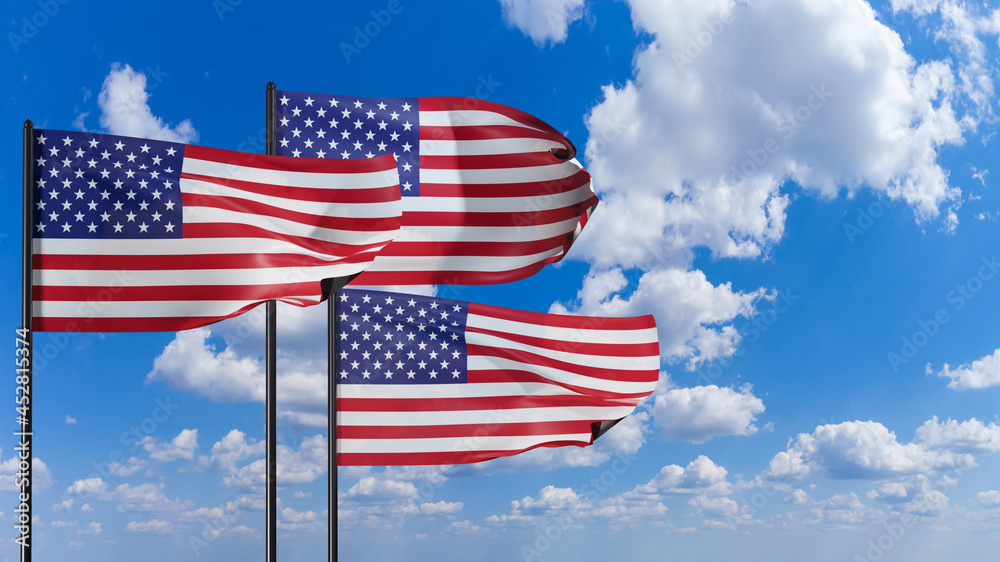 USA flags on cloudy sky background. Flags of America on flagpoles ...