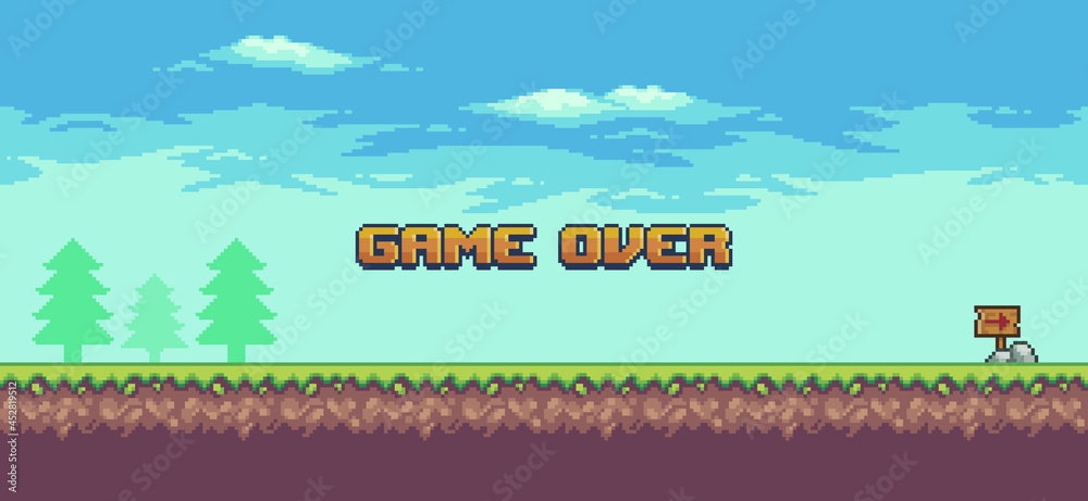 Pixel art landscape 8bit game. game over background with grass, trees ...