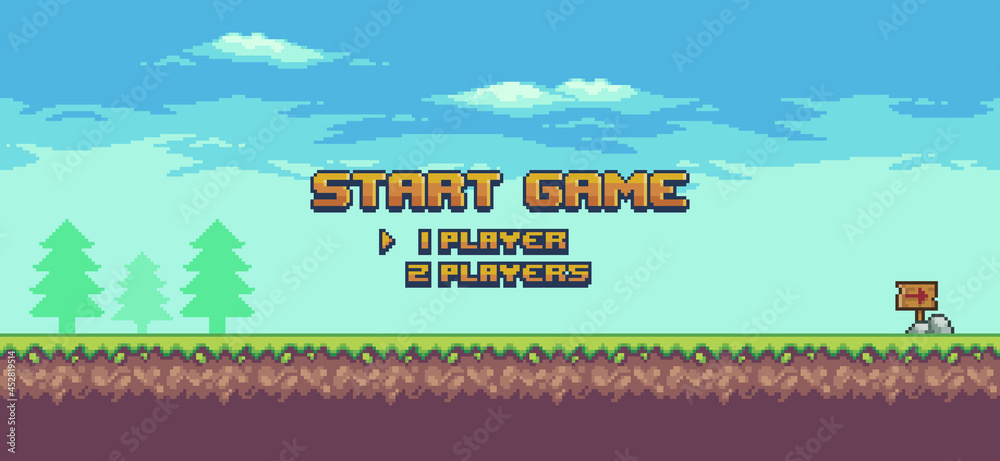 Pixel art 8bit game home screen. Landscape game background with grass ...