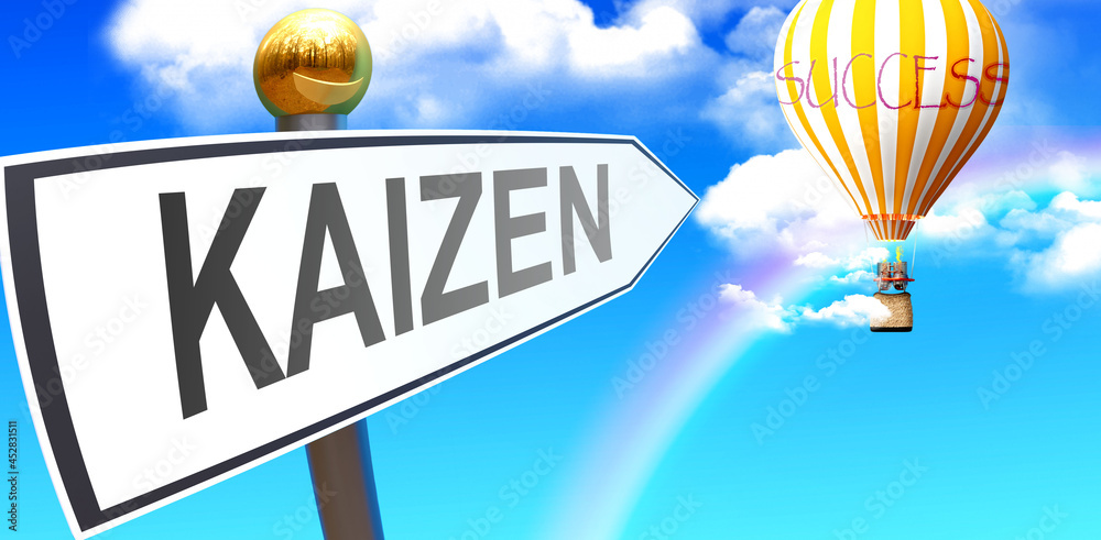 Kaizen leads to success - shown as a sign with a phrase Kaizen pointing ...