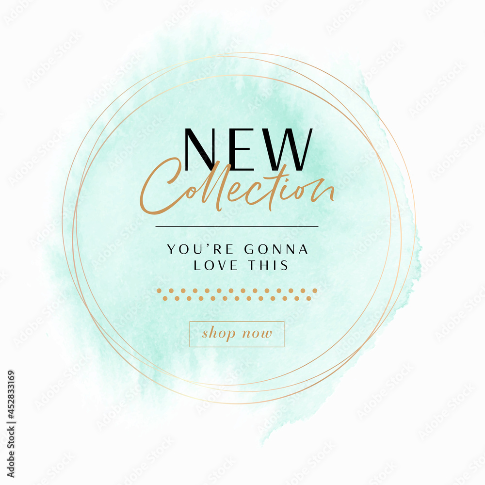 New Collection Sale sign over blue mint watercolor art design ...