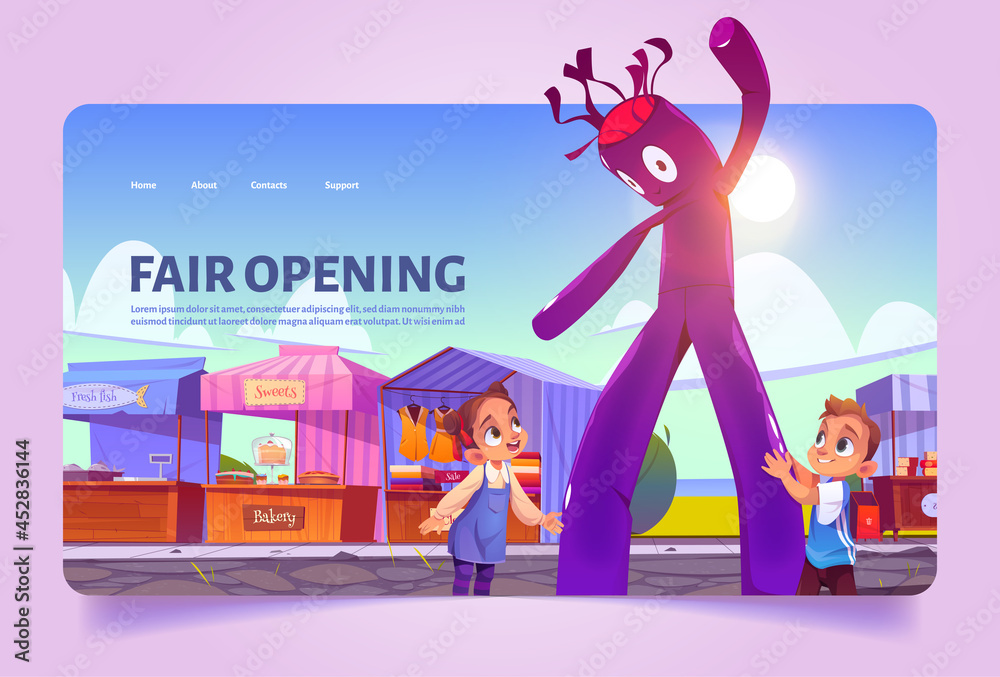 Fair opening cartoon landing page. Kids at outdoor market with air waky ...