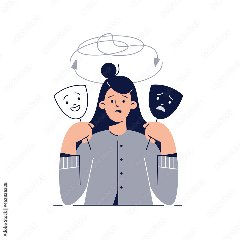 Bipolar disorder concept. Woman shows two face mask with happy and ...