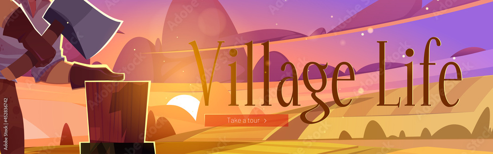 Village life cartoon web banner, man villager with axe chop firewood on ...