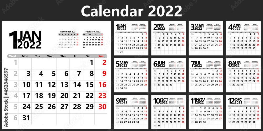Planner calendar for 2022 with week numbers. Template for a wall ...