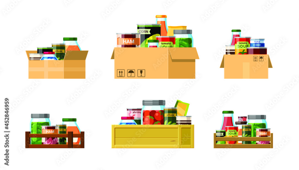 Boxes with canned food set. Packaged rations with necessary products ...