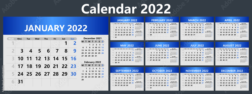Planner calendar for 2022 with week numbers. Template for a wall ...