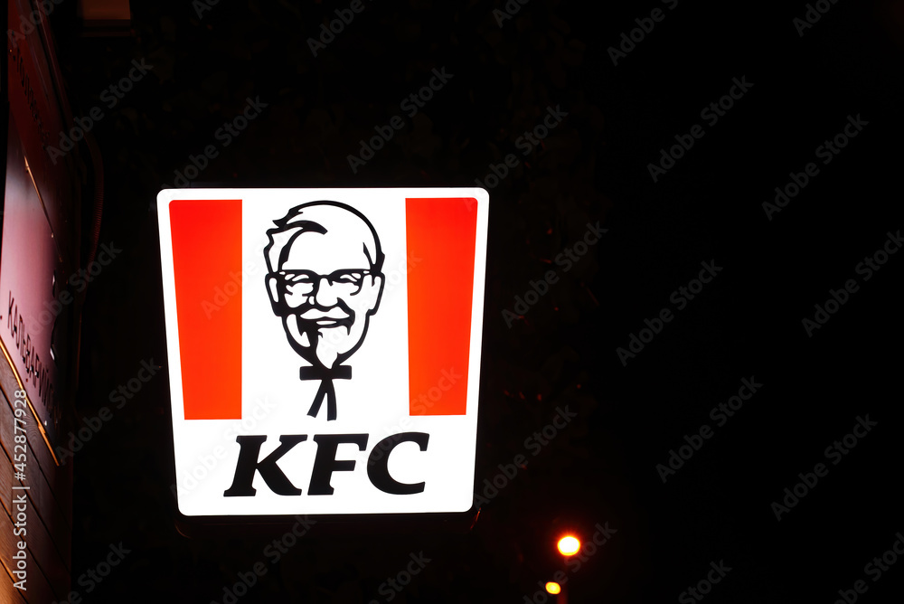 Minsk, Belarus. Aug 2021. KFC restaurant glowing sign at night. KFC ...