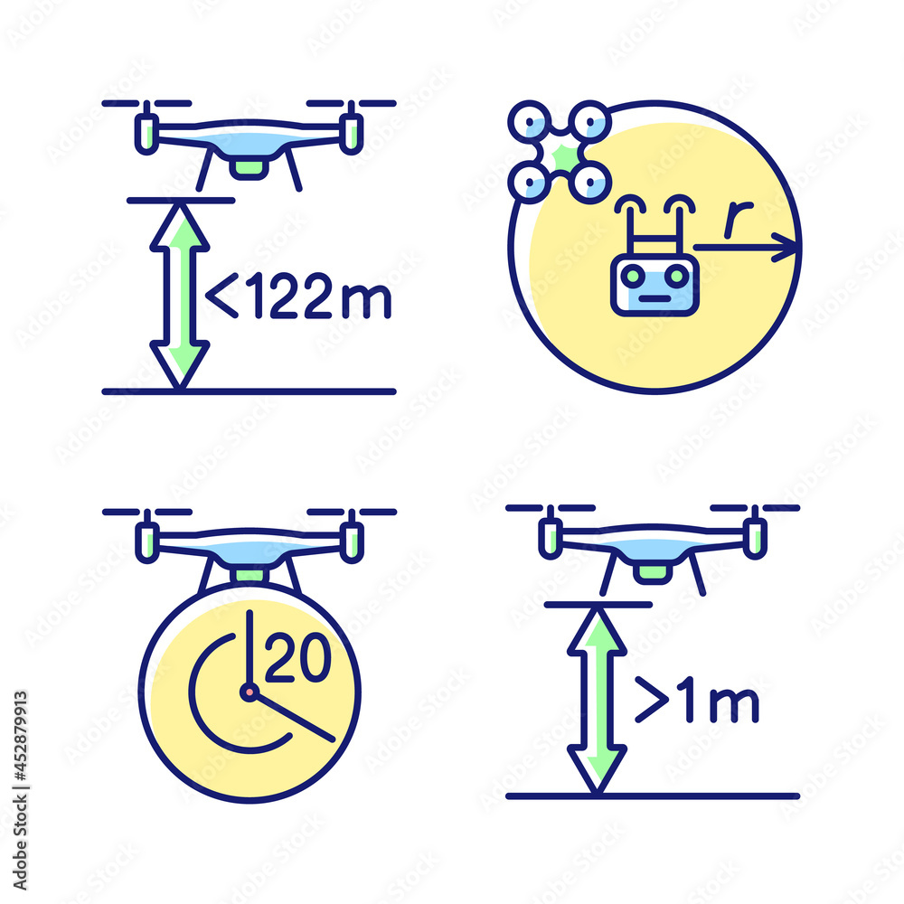 Drone proper control RGB color manual label icons set. Altitude limit ...