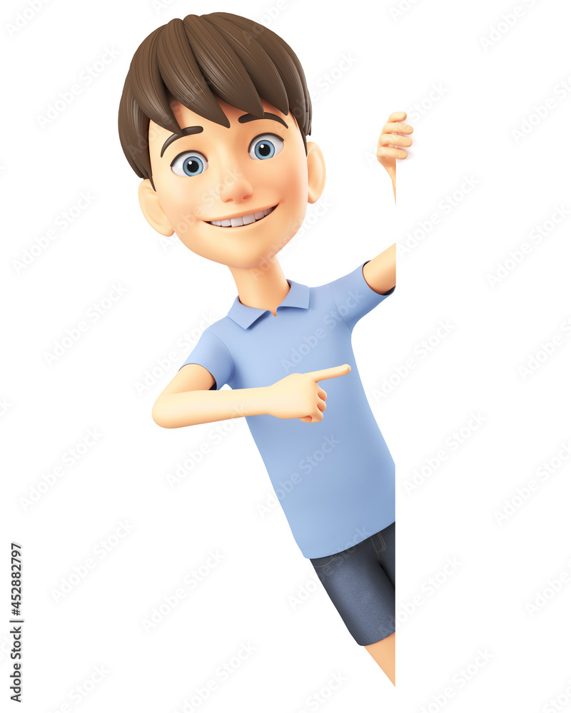 Cheerful cartoon character boy in a blue shirt points his finger at a ...