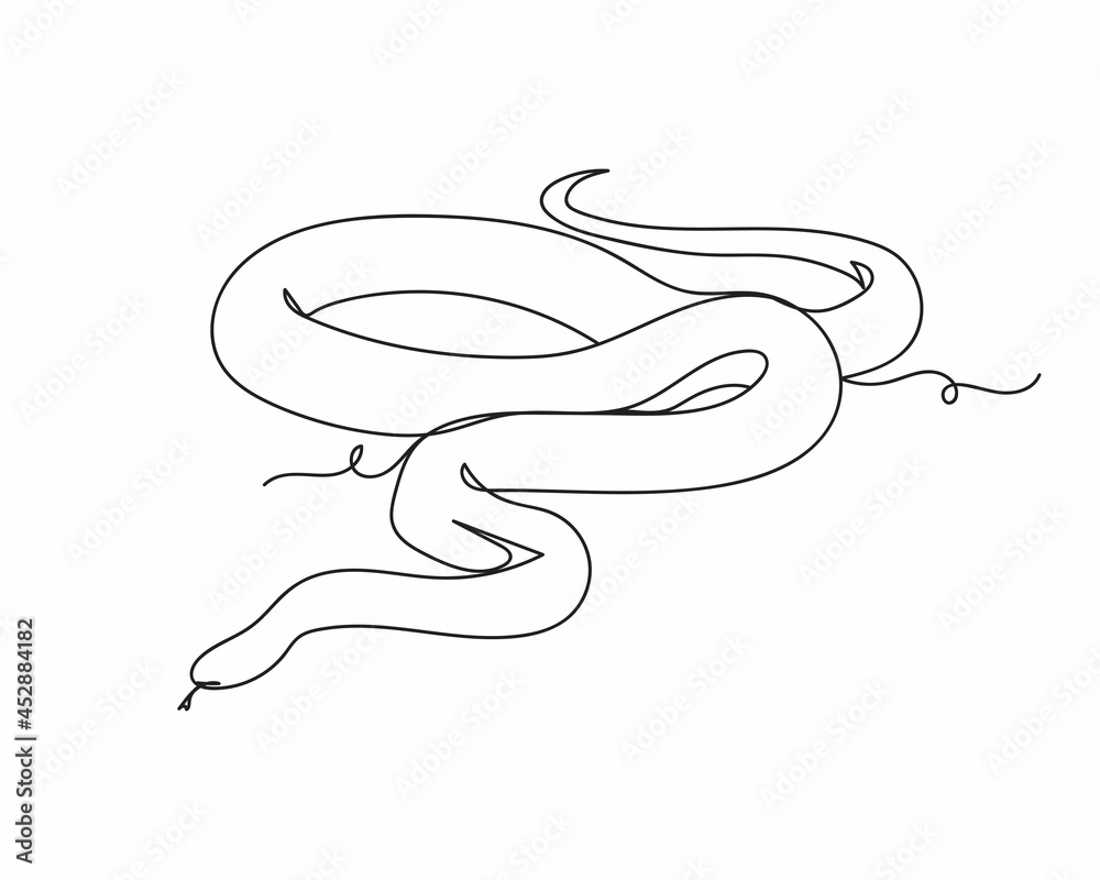 Continuous one line drawing of snake icon in silhouette on a white ...