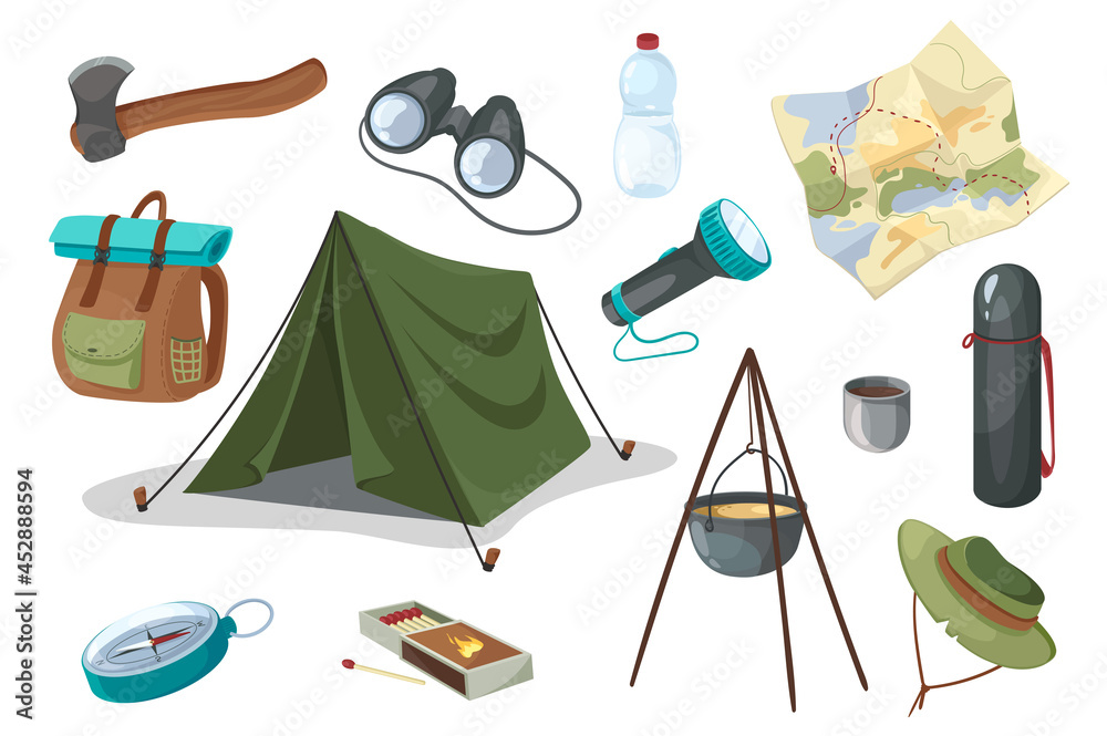 Travel and hiking equipment design elements set. Collection of tent, ax ...