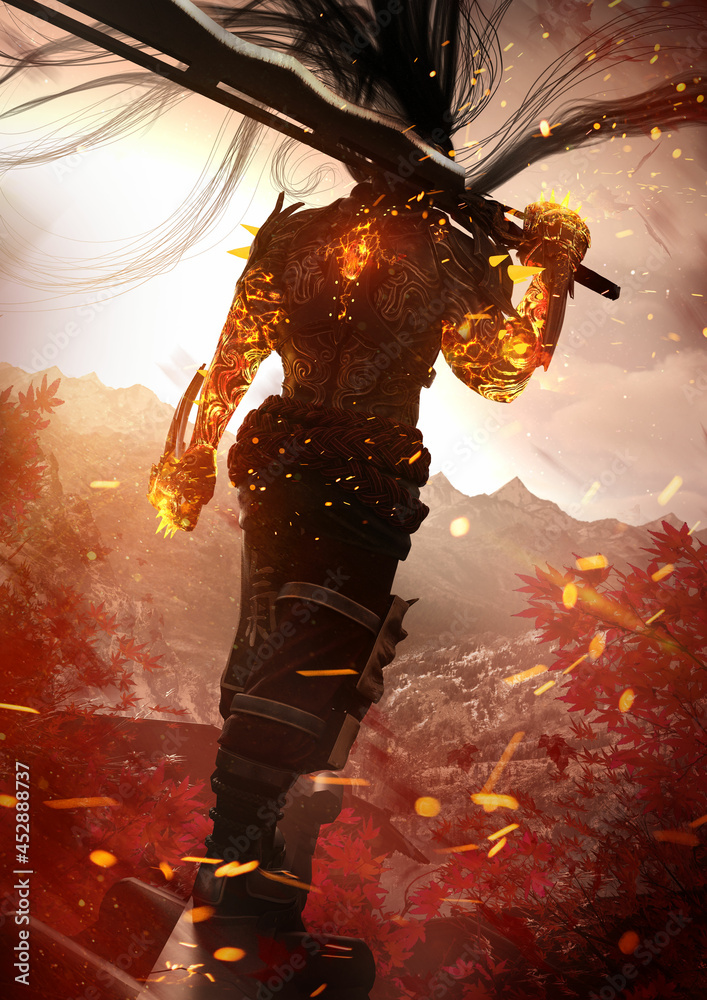 A warrior with fiery hands and a huge two-handed sword stands ...