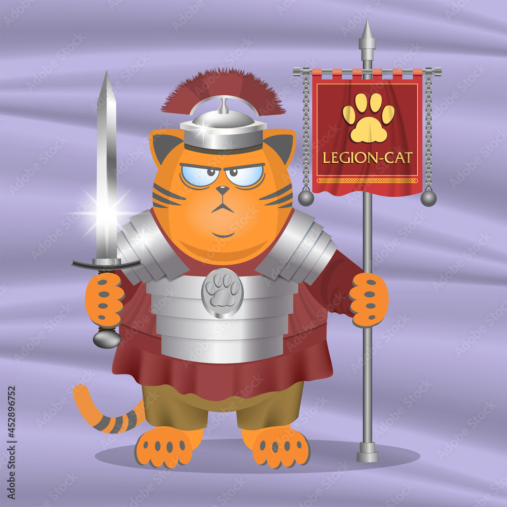 Serious cartoon fat red displeased cat. Puss Roman legionary. Metal ...