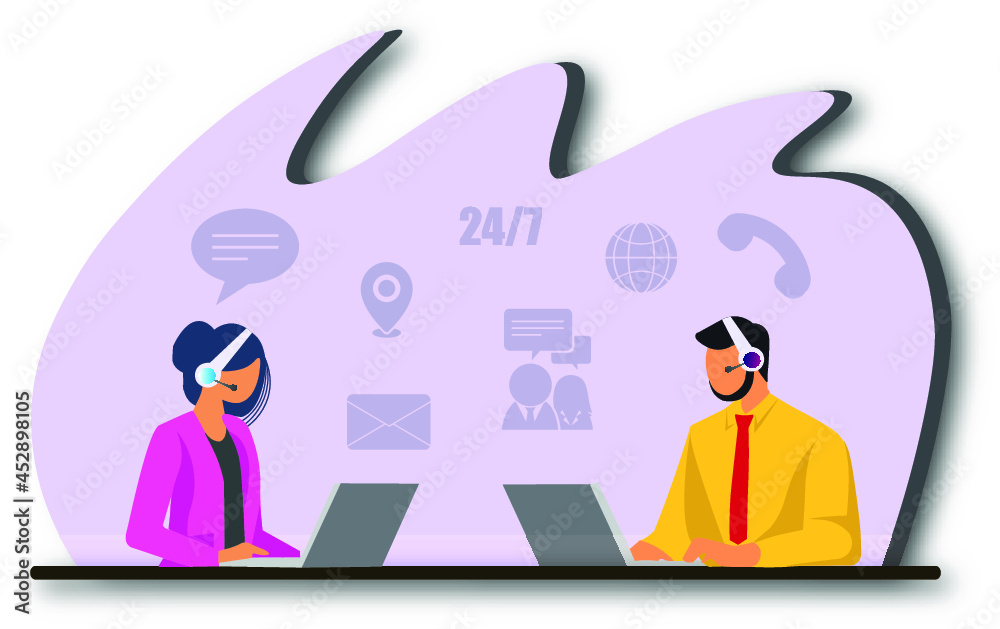 Woman with headphones and men with microphone at the computer concept ...