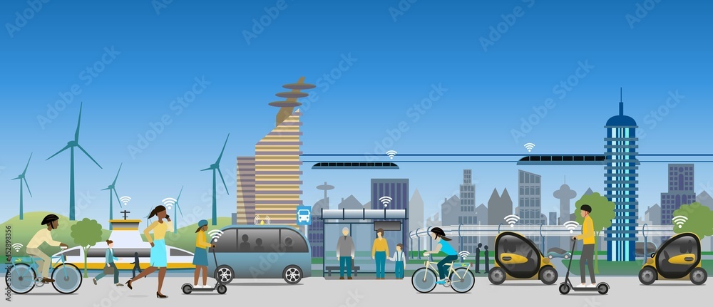 Electric transport in a sustainable modern city view. Electric scooters ...