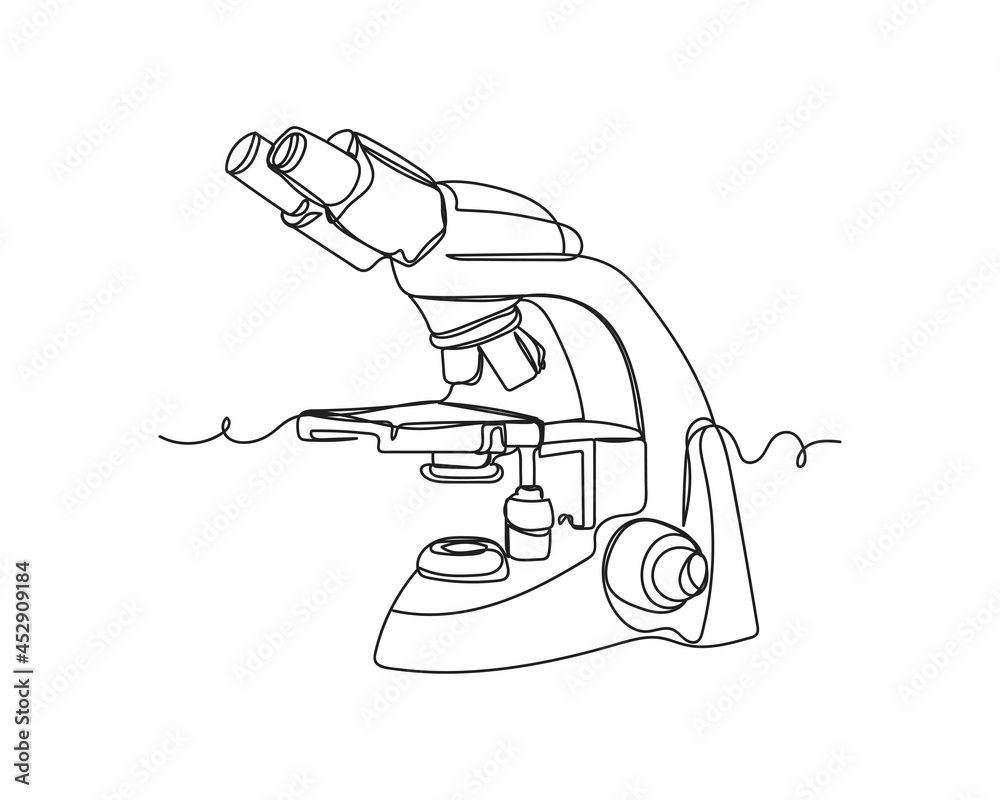 Continuous one line drawing of microscope icon in silhouette on a white ...