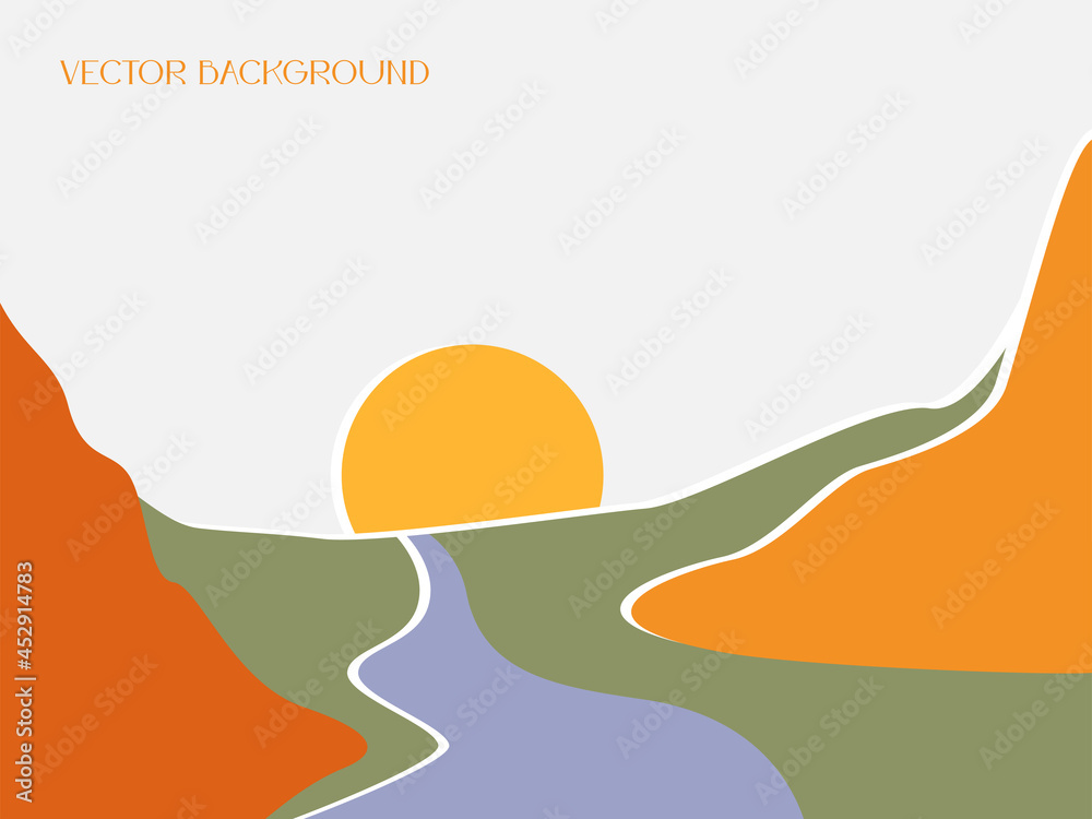 Colorful background with abstract landscape. Mountains, river and ...