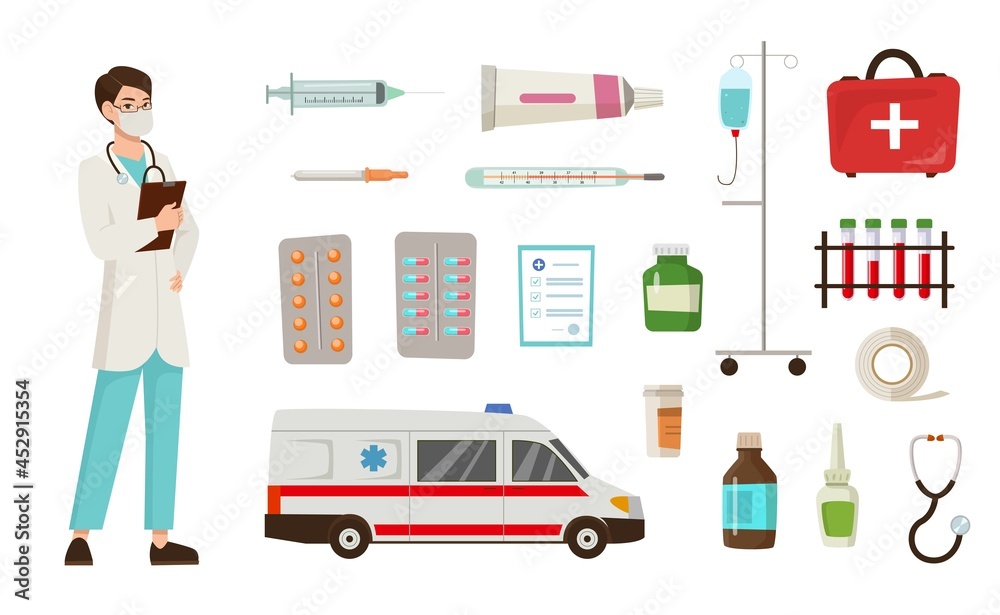 Doctor cartoon character and equipment vector illustrations set ...