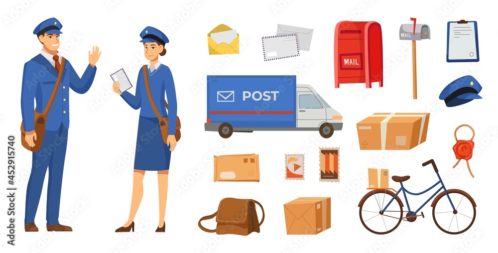 Male and female postman characters vector illustrations set. People in ...