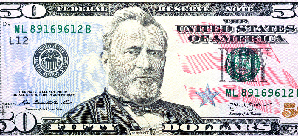 Large fragment of the Obverse side of 50 fifty dollars bill banknote ...