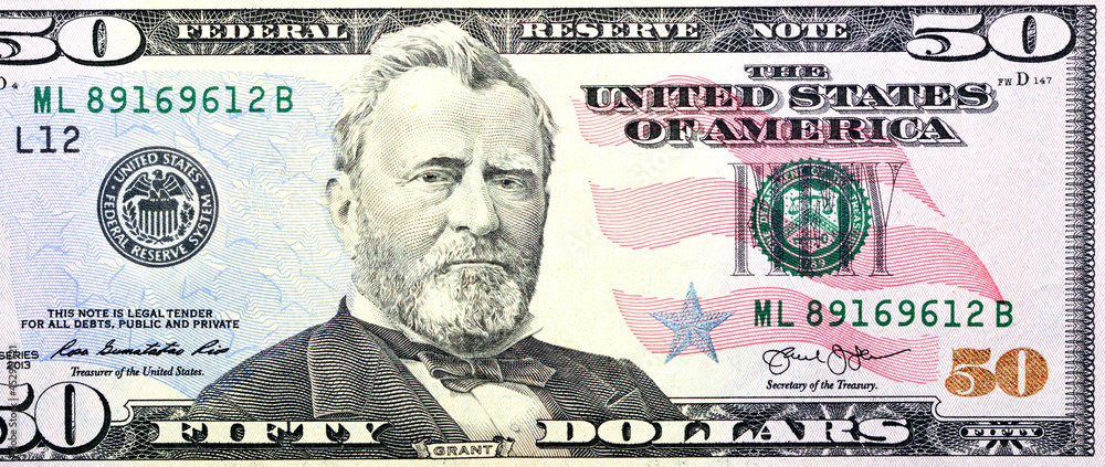 Large fragment of the Obverse side of 50 fifty dollars bill banknote ...