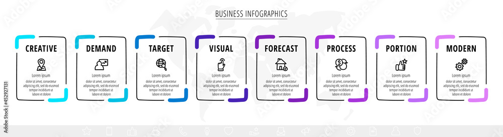 Business vector hand-drawn infographics with 8 rectangles and icons ...
