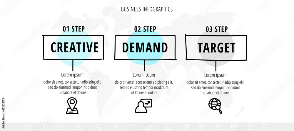 Vector hand-drawn sketch infographics with three icons. Business ...