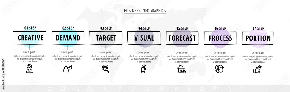Vector hand-drawn sketch infographics with 7 icons. Business ...