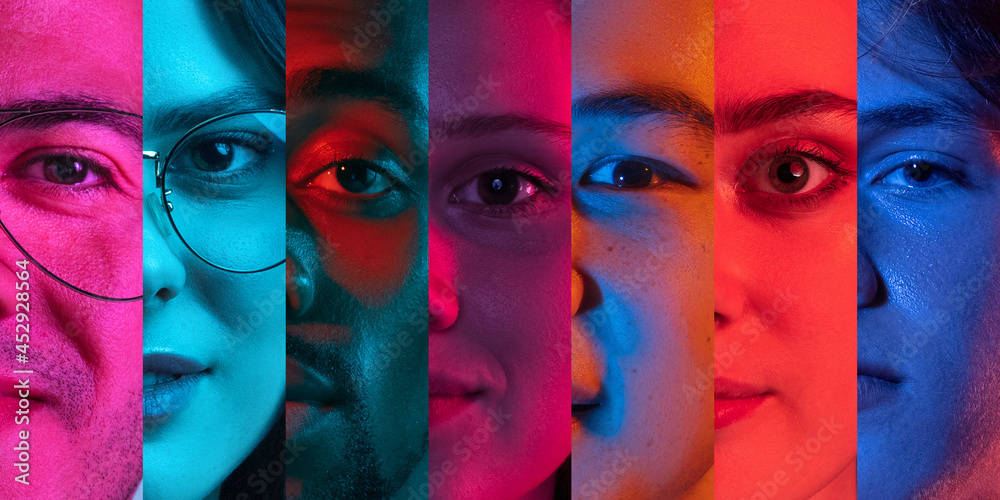Cropped portraits of group of people on multicolored background in neon ...