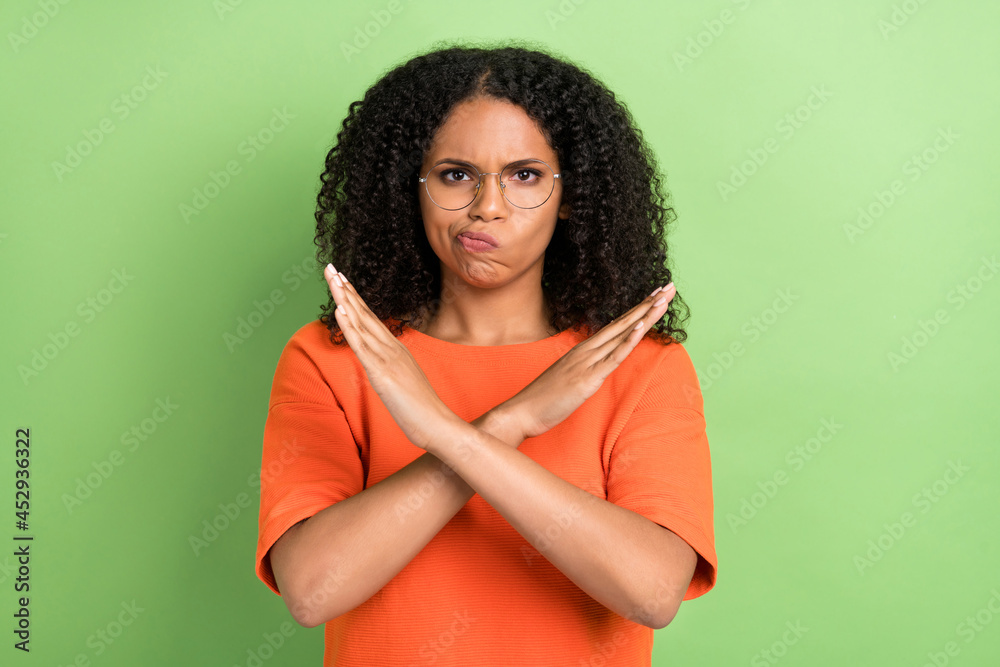 Photo of young black woman unhappy negative crossed hands show no stop ...