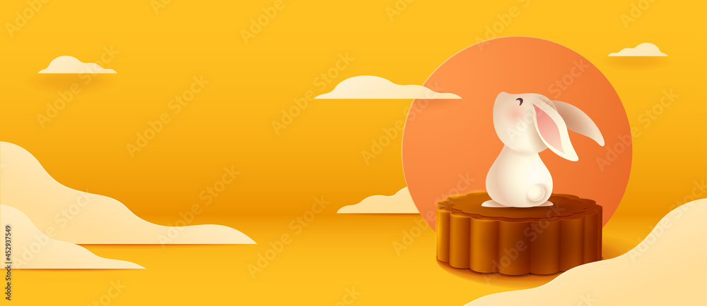 3D illustration of Mid Autumn Mooncake Festival theme with cute rabbit ...