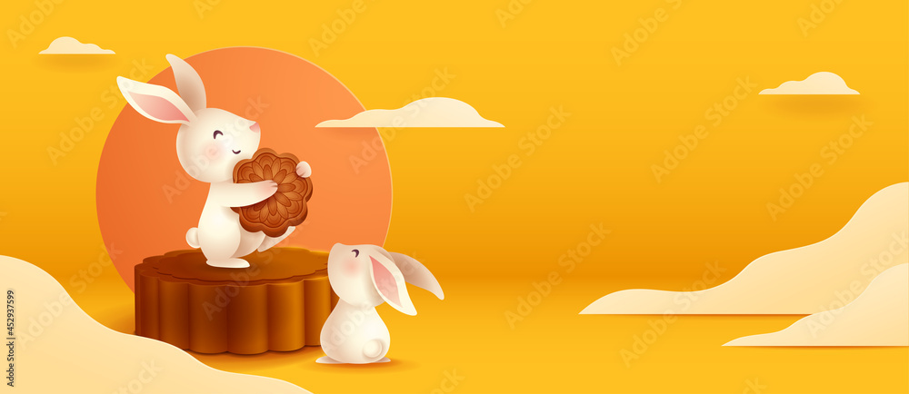 3D illustration of Mid Autumn Mooncake Festival theme with cute rabbit ...