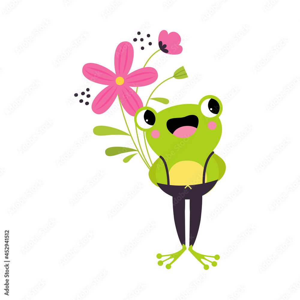 Cute Green Flog Holding Flowers on Stalk Hiding It Behind Its Back ...